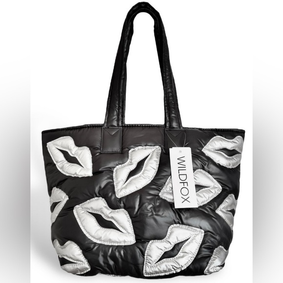 Wildfox | Bags | Viral Wildfox Black And Silver Lips Puffer Bag Tote ...